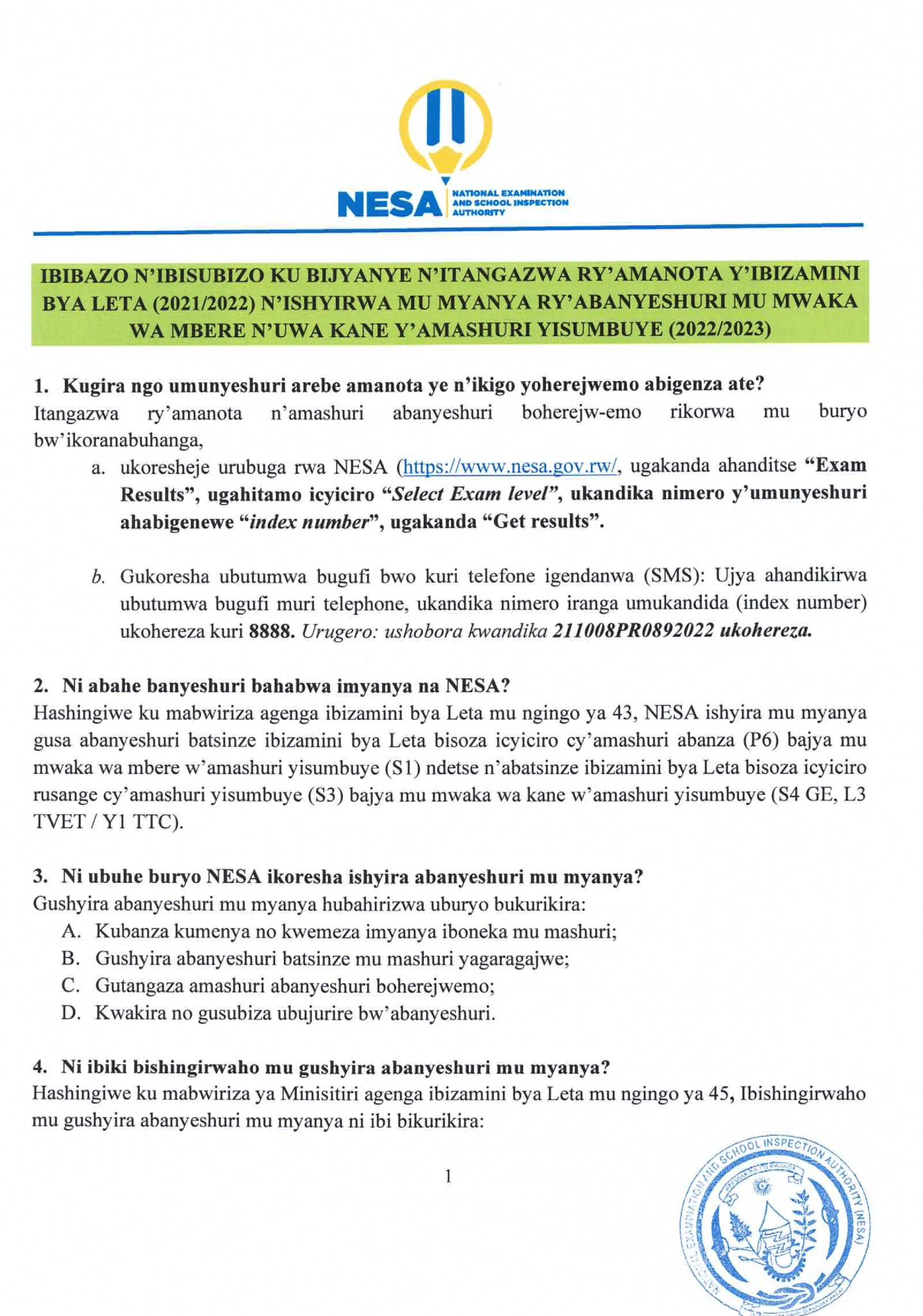 NESA yasohoye urutonde rw`ibibazo wakwibaza n`ibisubizo byabyo ku ...