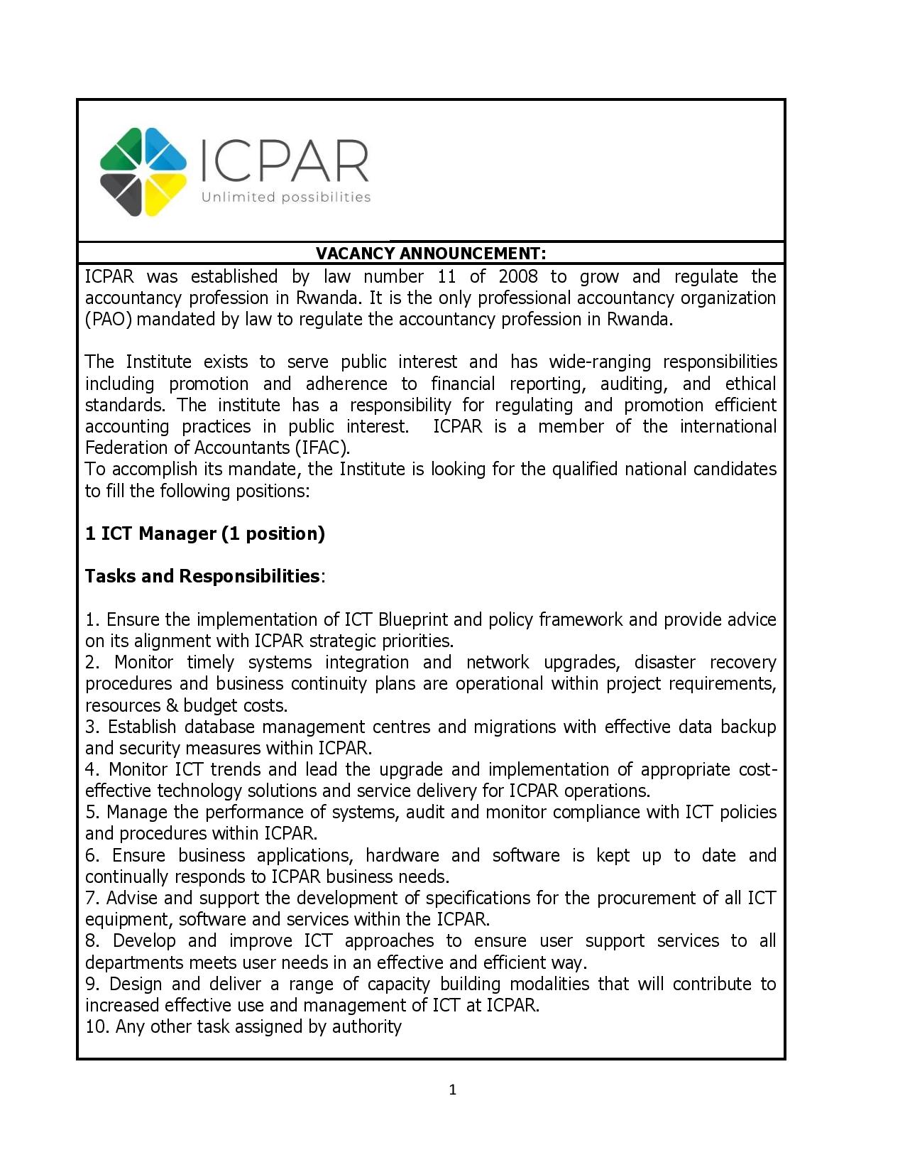 2 Job positions of ICT Manager and for ICT Support Officer: Deadline:07 ...