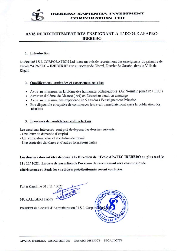 AVIS DE RECRUTEMENT DES ENSEIGNANT A L’ÉCOLE APAPEC (IREBERO SAPIENTIA ...