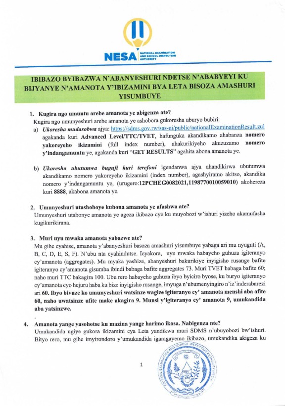 Ibibazo byibazwa bijyanye n`amanota y`ibizamini bisoza amashuri ...