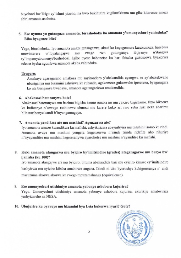 Ibibazo byibazwa bijyanye n`amanota y`ibizamini bisoza amashuri ...