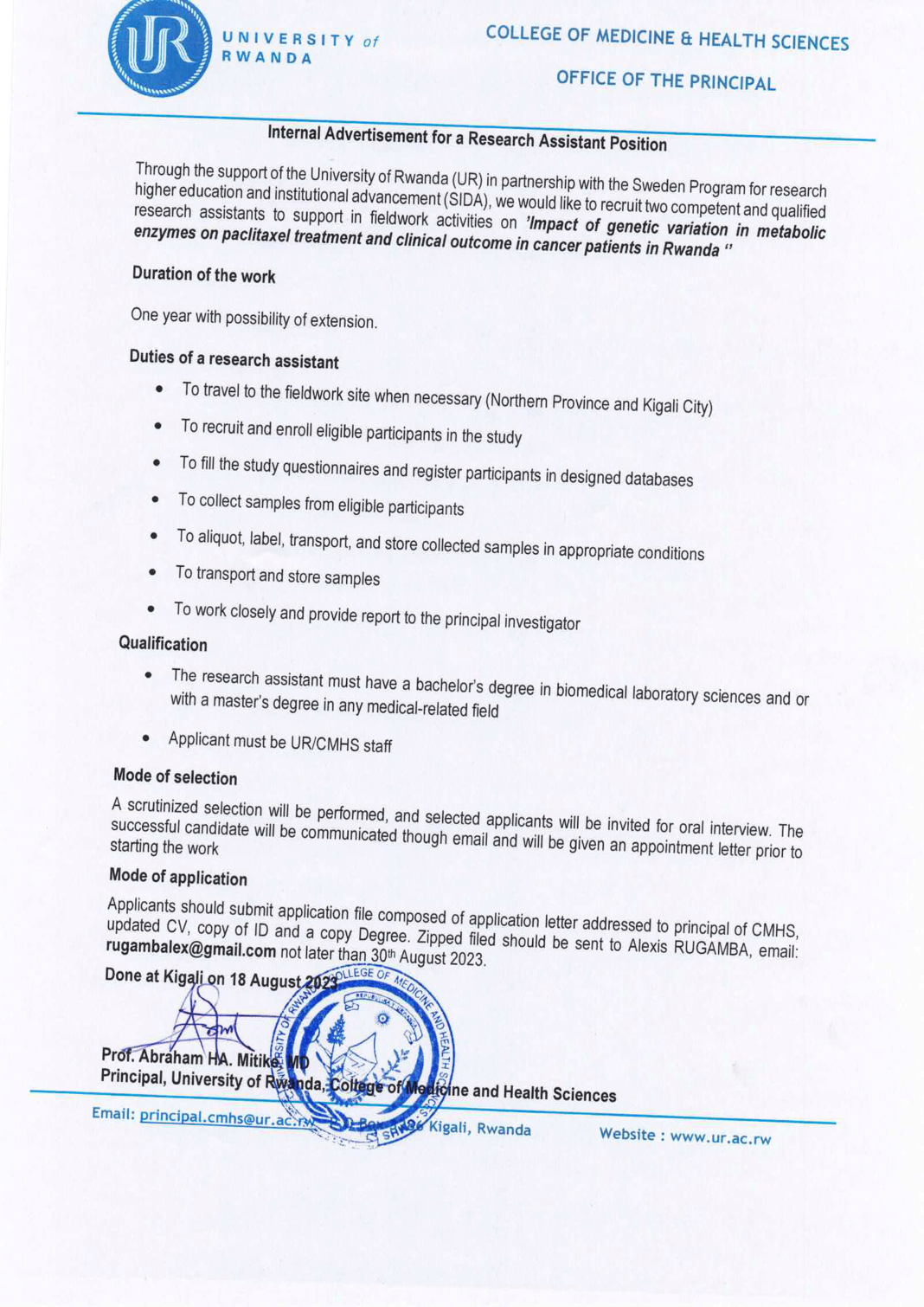 Internal Advertisement for a Research Assistant Position at UR ...