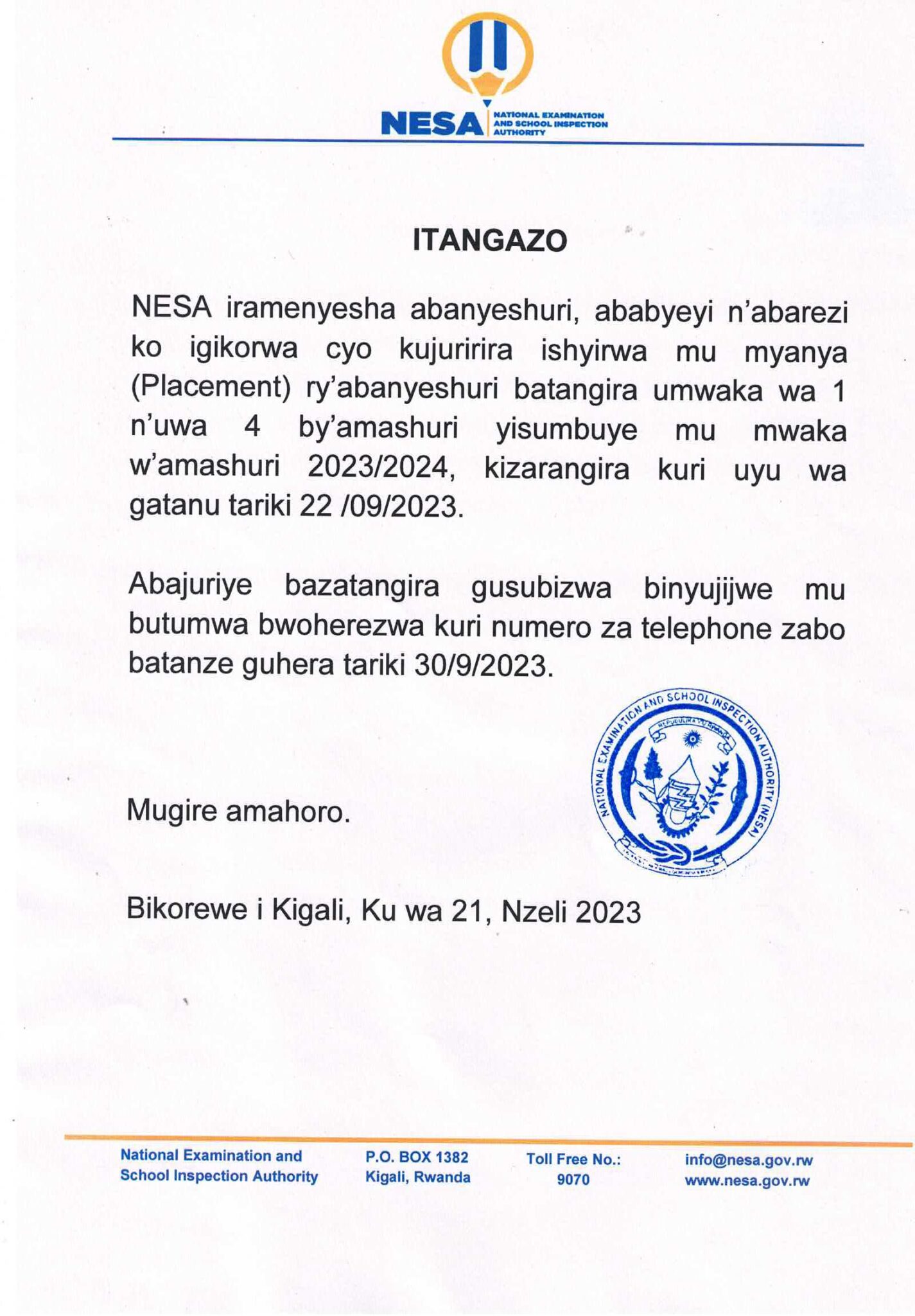 ITANGAZO rijyanye n’igikorwa cyo kujuririra ishyirwa mu myanya ...