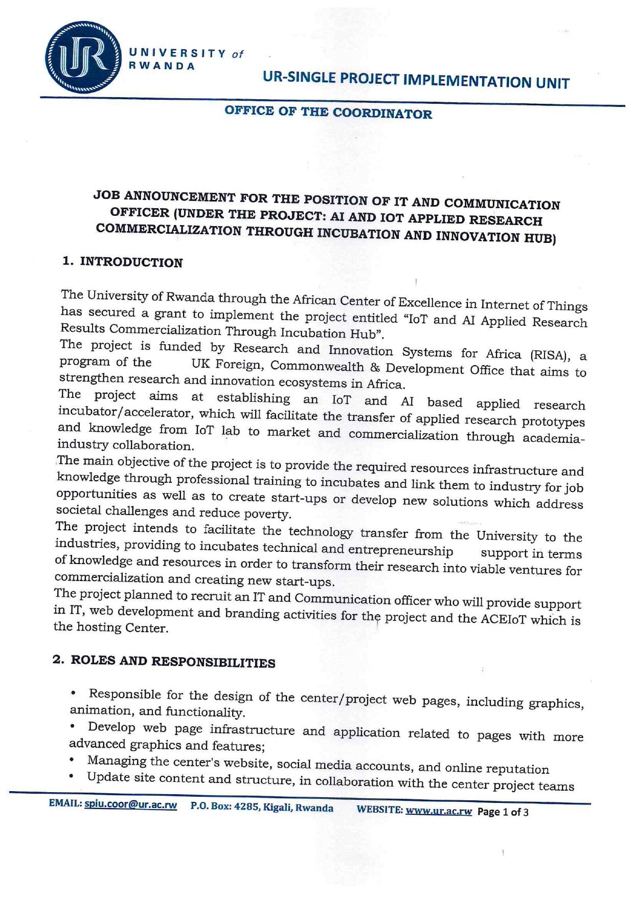 IT and communication Officer (under the project : AI and IoT Applied ...