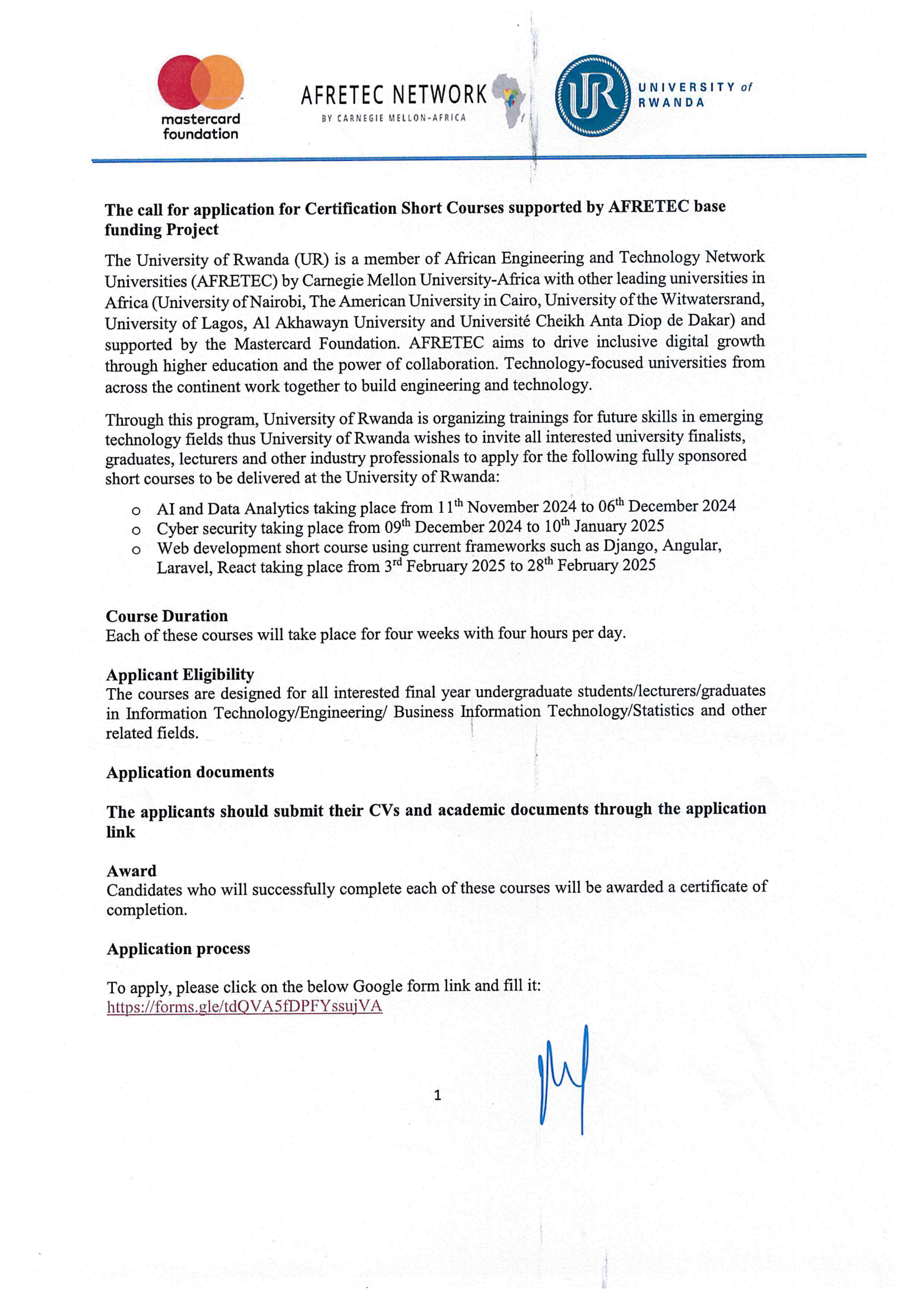 The call for application for Certification Short Courses supported by ...